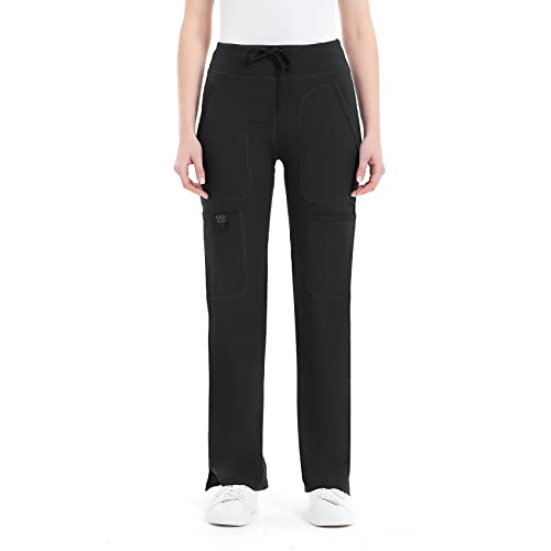 QBK Yoga Scrub Pants Women Mid Rise Yoga Work Pants- Five Pocket Cargo Scrub Pant (Large, Black)
