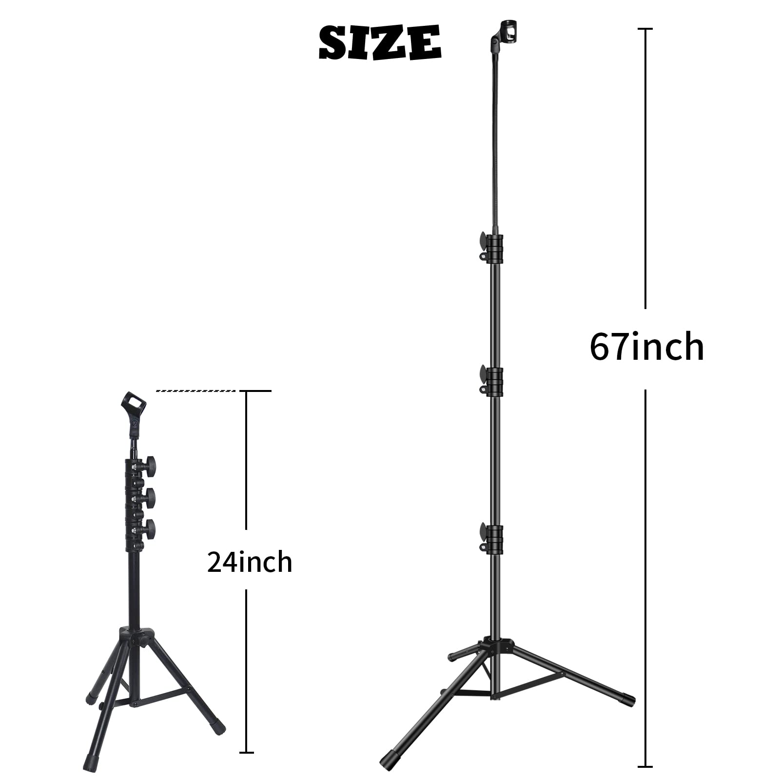 Mic Stand, Boom Microphone Stands Tripod Detachable Gooseneck Microphone Stand Microphone Arm Height Adjustable 24'- 67' with Mic Clips for Singing Lecture Wedding Party