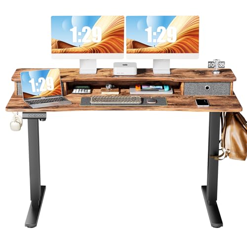 Height Adjustable Electric Standing Desk with Storage Shelf Double Drawer, 55 x 24 Inch Stand up Desk, Sit Stand Desk with Splice Board, Standing Table Black Frame/Rustic Brown Desktop for Home Office
