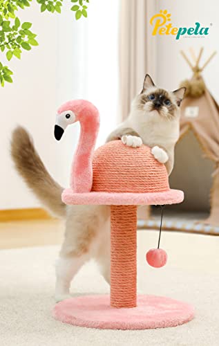 PETEPELA Cat Scratching Post, Flamingos Natural Sisal Cat Scratcher with Interactive Toy Ball and Extra Replacement Sisal Scrathing Pole for Kittens and Small Cats Pink