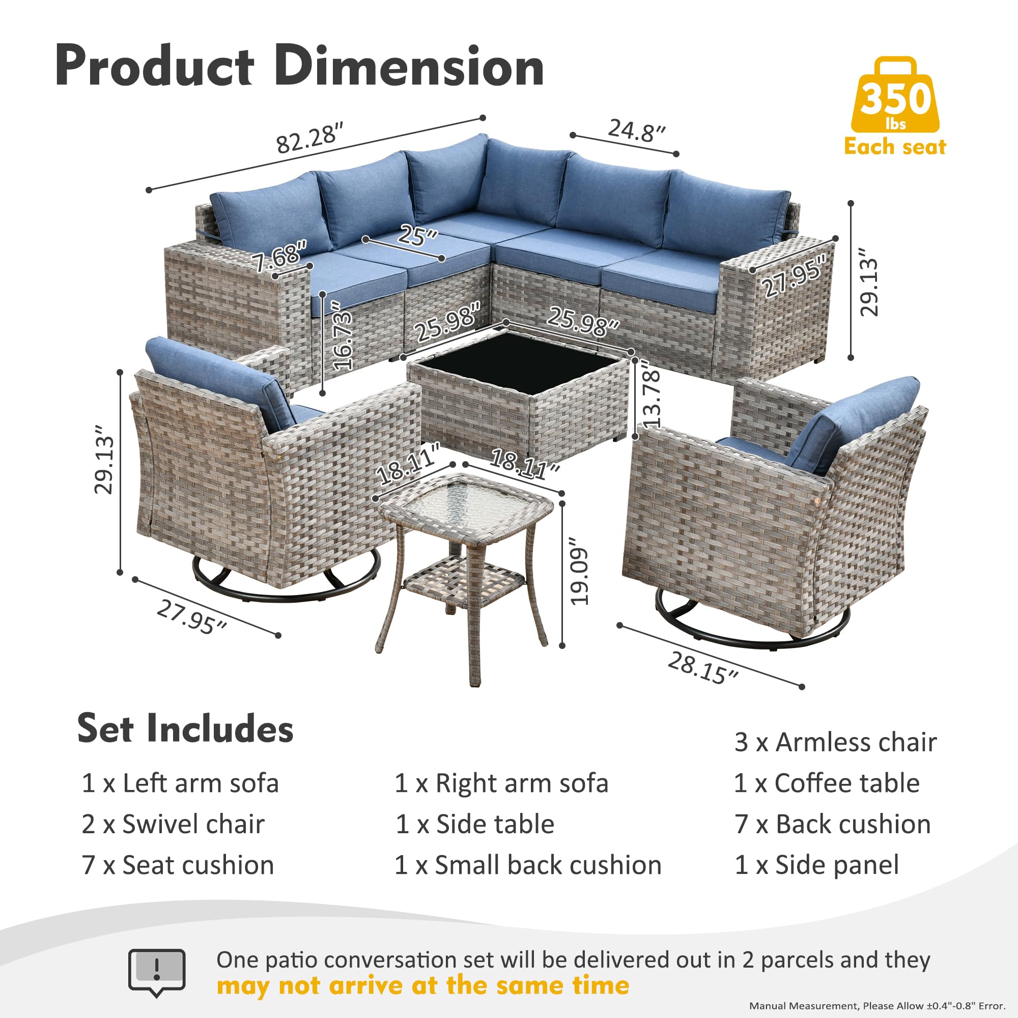 XIZZI Patio Furniture Sets Outdoor Sectional Sofa with Swivel Rocking Chairs,9 PCS All Weather PE Wicker Outside Conversation Couch with Coffee and Side Table for Backyard Deck Garden,Denim Blue