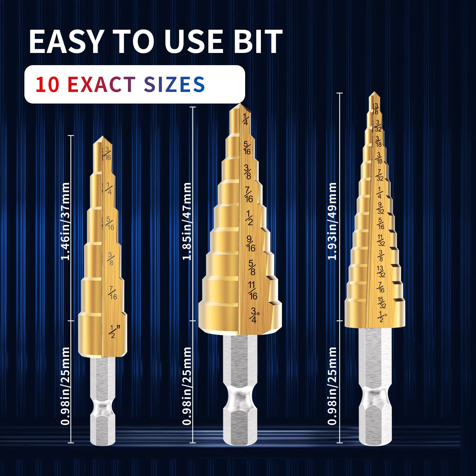 SILATU Step Drill Bit Set - 3 Pieces Titanium HSS Coated Step Drill Bit, 28 Sizes 1/4 Inch Hexagon Shank Step Drill Bit for Wood, Metal, Plastic, Multiple Hole (3-12mm, 4-12mm, 4-20 mm)