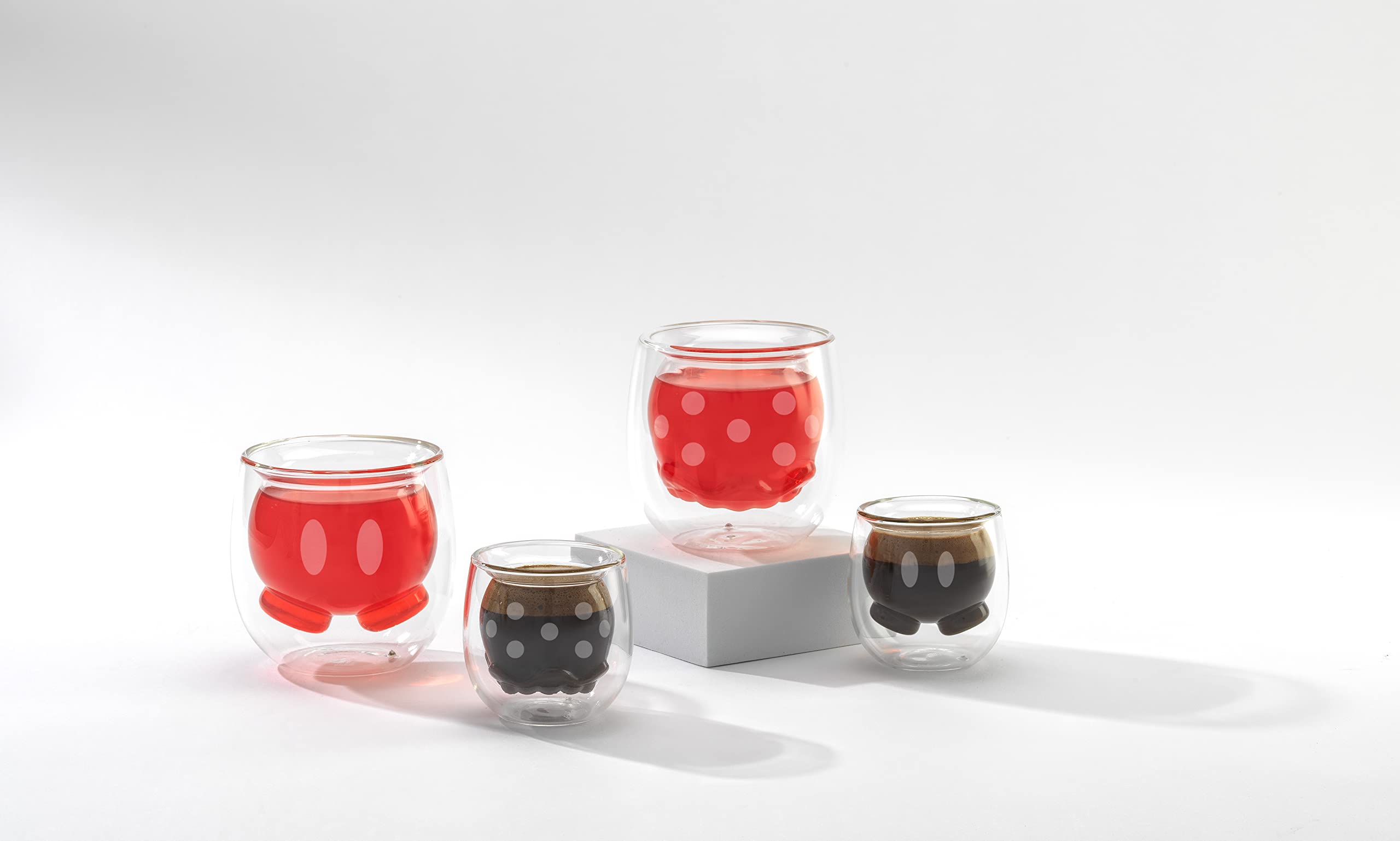 JoyJolt Mickey Pants and Minnie Skirt 3D 2oz Espresso Cups. Double Walled Espresso Glasses (2pc) Small Double Wall Glass Coffee Cups. Demitasse Cups, Espresso Measuring Cup or Liqueur Shot Glasses