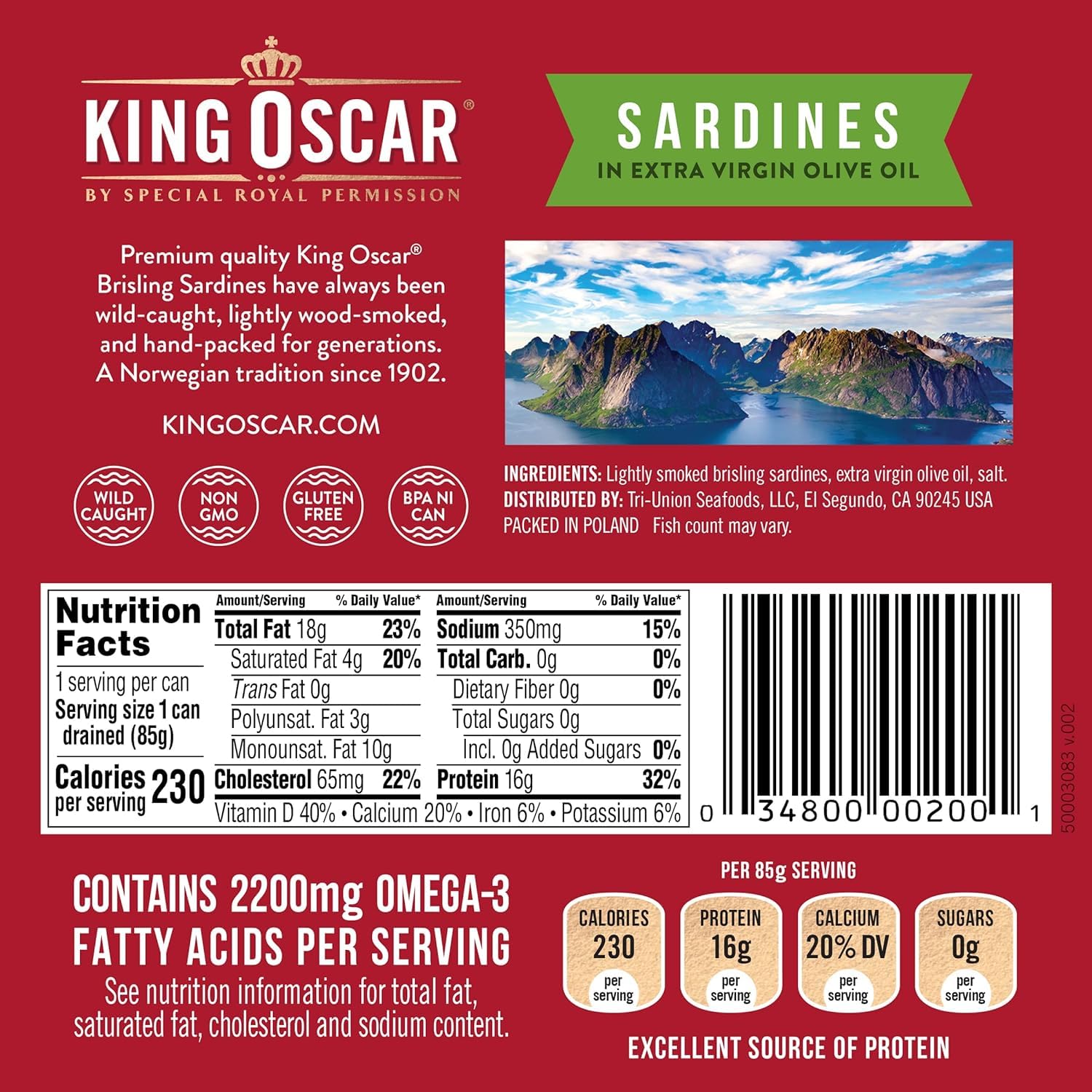 King Oscar Brisling Sardines in Extra Virgin Olive Oil, 3.75-Ounce Cans (Pack of 4)