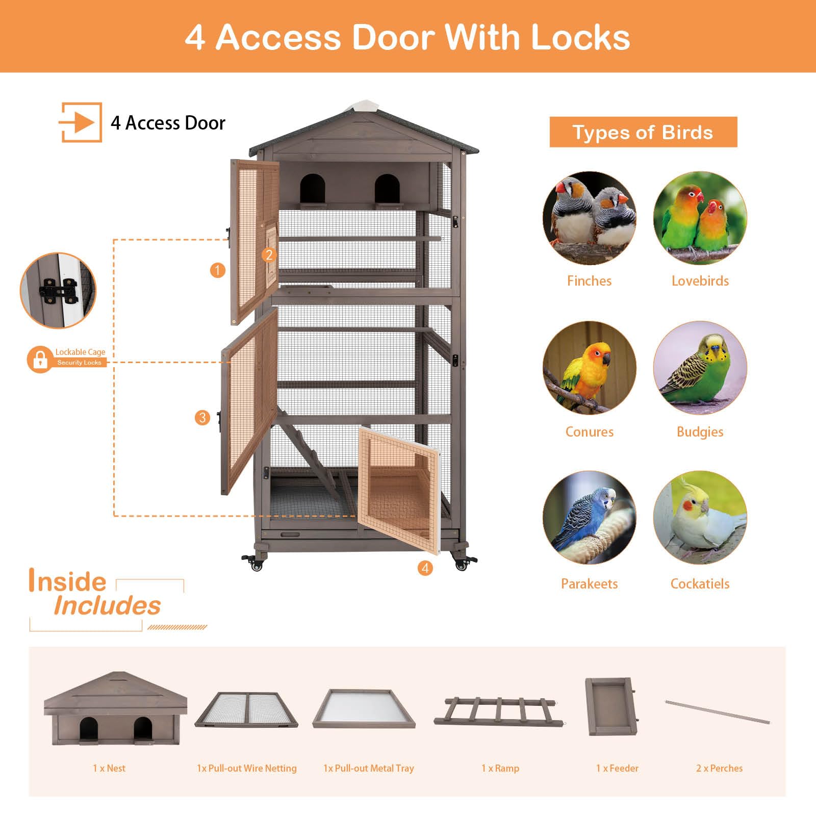 Gowoodhut 68.8"L Outdoor Bird Aviary Indoor Wooden Large Bird Cage Parakeet Cage on Wheels,Removable Wire Netting Slide Pull Out Tray, 2 Perches, Nest House,Ideal for Small Birds,Finches,Parrots,Grey