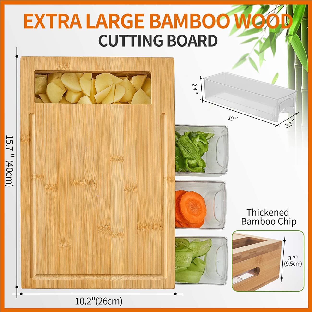 OLOZIQ Bamboo Cutting Board with Trays and Lids Storage Containers β Multifunction Easy Chopping Meal Prep Station with Juice Grooves β 4 Multi-Functional Graters Included with Food Sliding Opening