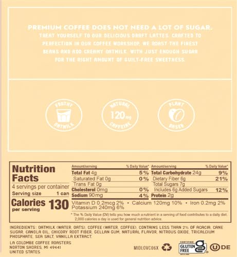 La Colombe Vanilla Draft Latte with Oatmilk - 9 Fl. Oz. 4 Pack - 100% Arabica Brazilian Cold Brew Coffee with Nitrous-Infused Oatmilk, Dairy-Free Vegan Latte, 120mg Natural Caffeine