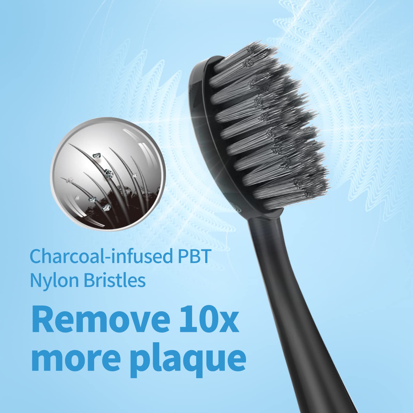 Replacement Toothbrush Heads for Burst Sonic Toothbrush with Dust Cover Caps, Charcoal Soft Bristles for Deep Clean, Stain & Plaque Removal, Pack of 10, Black