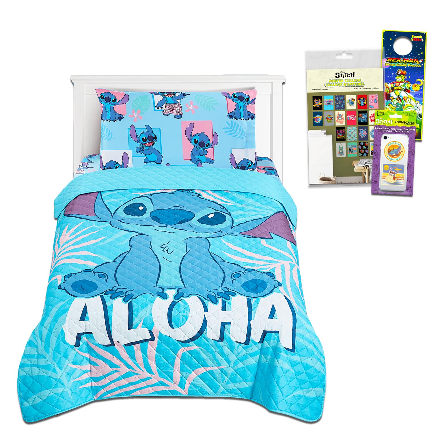 Stitch Twin Size Bedding Set for Toddlers - Lilo and Stitch Twin Bedding Bundle with Stitch Bedspread, Flat Sheet, Fitted Sheet, and Pillowcase for Twin Bed Plus Posters | Stitch Bedroom Decor