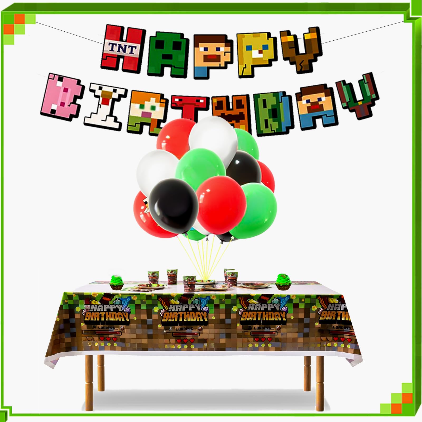 Pixel Birthday Party Decorations - Party Favour Set Includes Pixel Banner, Plates, Napkins, Cups, Tablecloth, Balloons, Forks. (green)