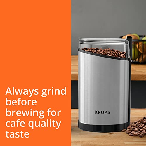 Krups Fast-Touch Stainless Steel Coffee and Spice Grinder 3oz, 85 gr bean hopper Easy to Use, One Touch Operation 200 Watts Coffee, Espresso, French Press, Spices, Dry Herbs, Nuts, 12 cups Silver
