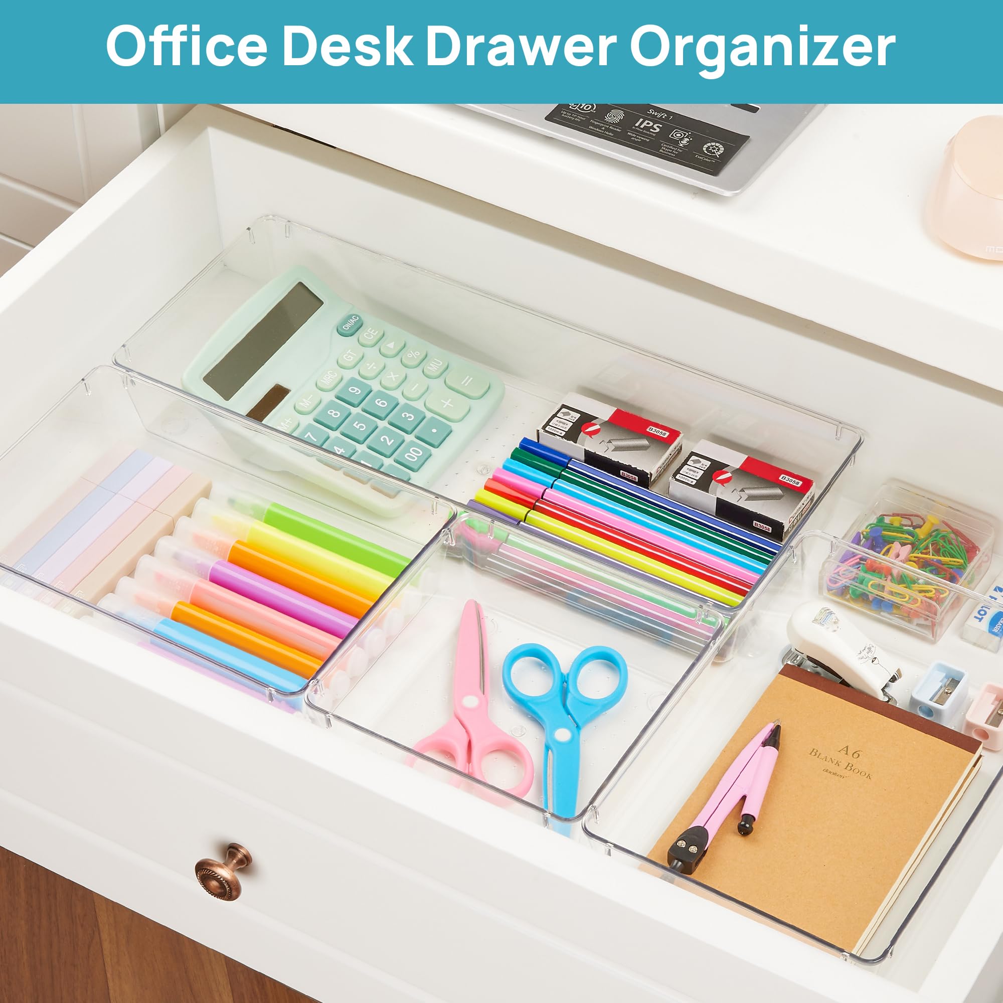 Vtopmart 6 PCS Clear Plastic Drawer Organizers Set, 3-Size Bathroom and Vanity Drawer Organizer Trays, Acrylic Storage Bins for Makeup, Kitchen Utensils, Large Size Office Desk Organizers