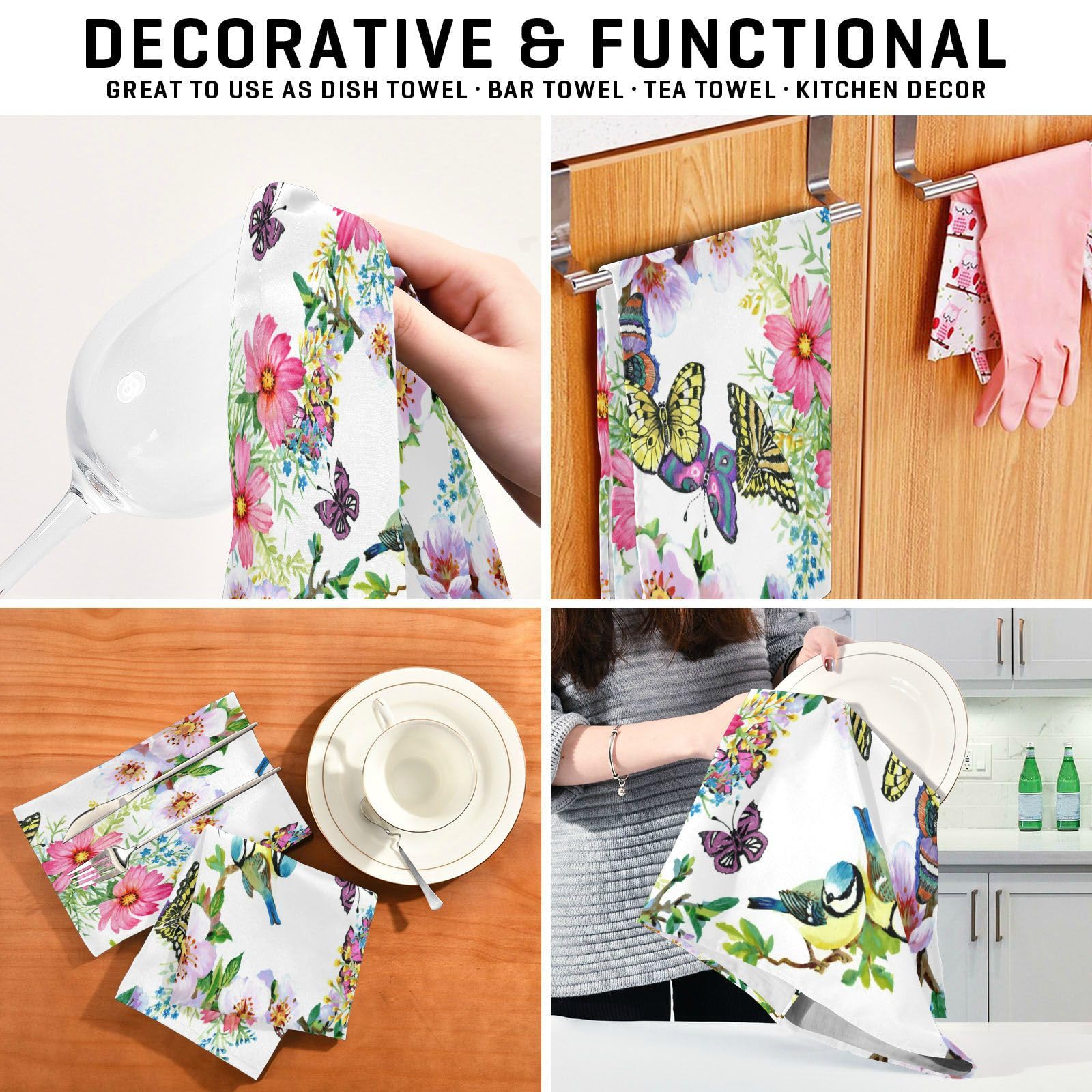 Kigai Colorful Flowers Butterfly Kitchen Towels, 18 x 28 Inch Super Soft and Absorbent Dish Cloths for Washing Dishes, 4 Pack Reusable Multi-Purpose Microfiber Hand Towels for Kitchen