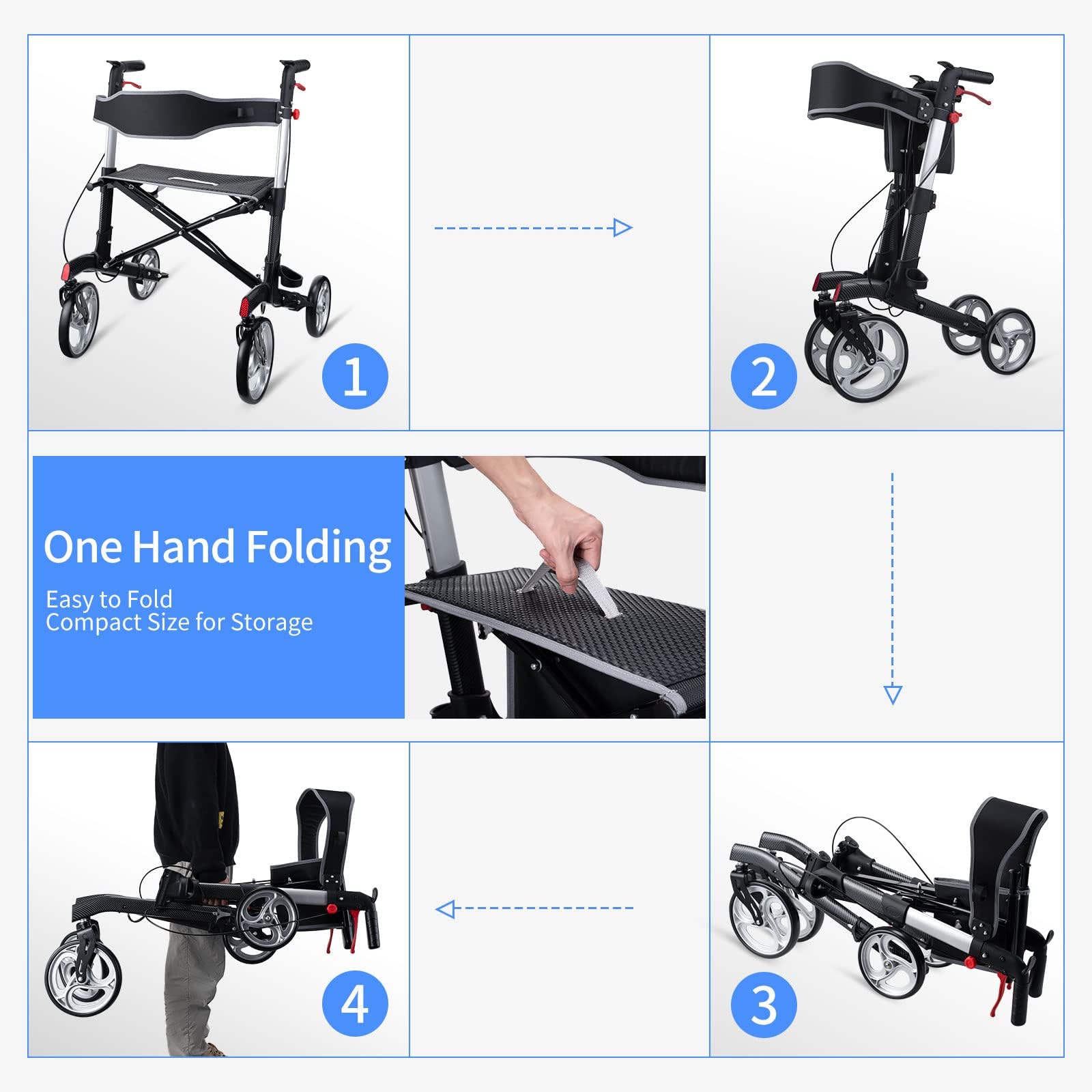 HAMED Heavy Duty Rollator Walker with Extra Wide 20" Seat, Support to 400 lbs, Double Folding Rolling Walker for Senior with 10" Wheels, Aluminum Mobility Walking Aid, Black
