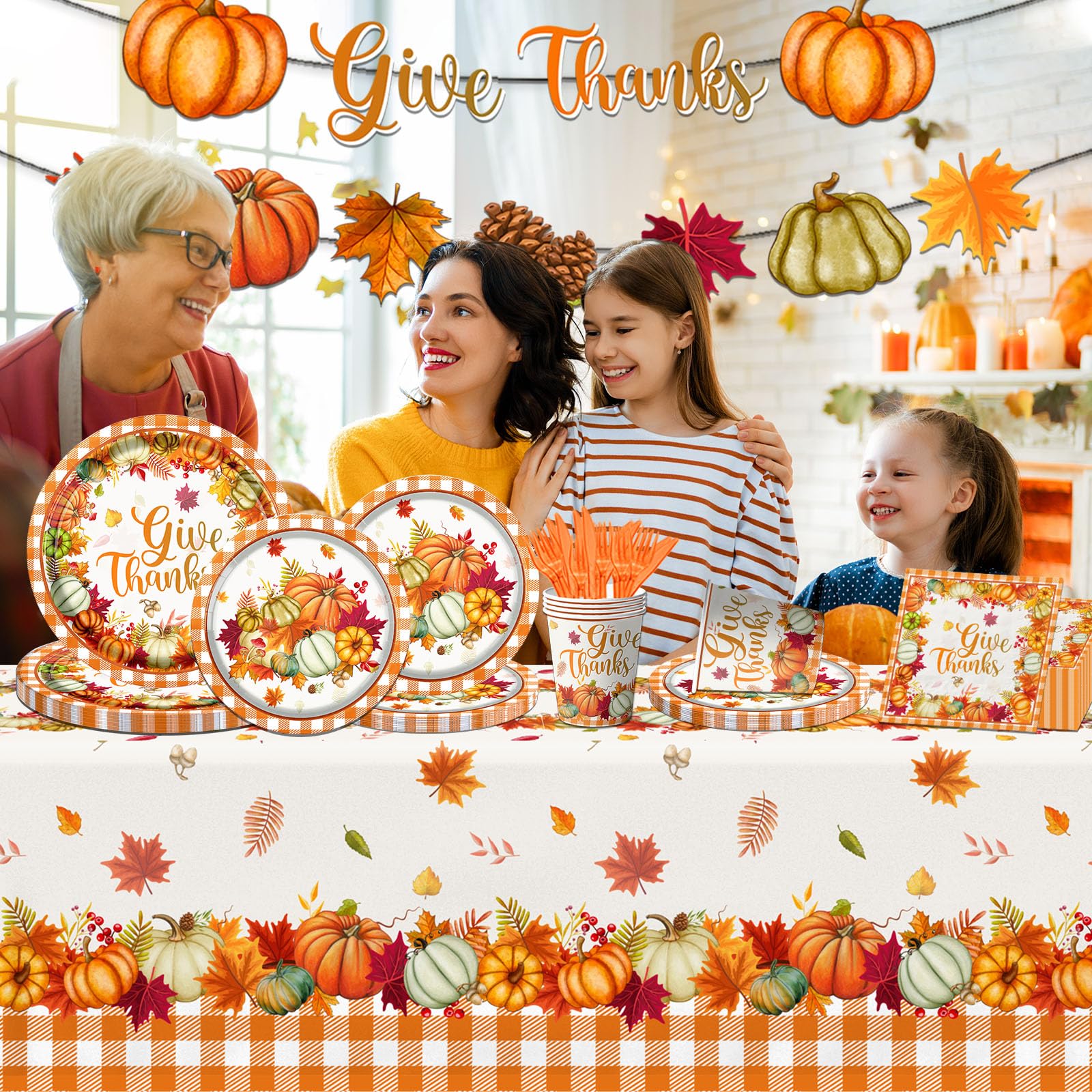Thanksgiving Party Supplies,142pcs Fall Theme Tableware Set Include Give Thanks Plates Cups Napkins Plastic Tablecloth for Autumn Harvest Thanksgiving Party Supplies