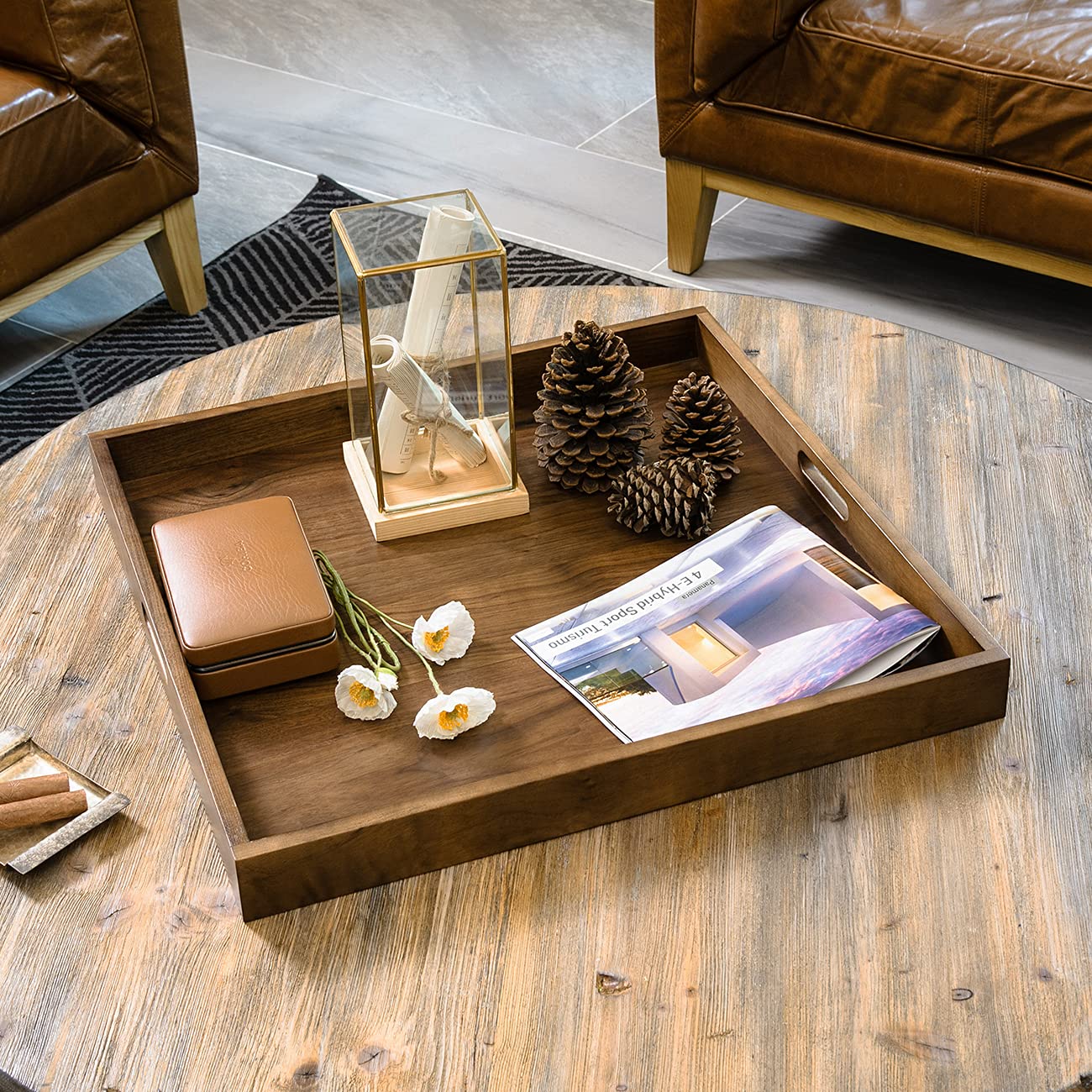 KINGCRAFT 24 x 24 inches Black Walnut Extra Large Ottoman Tray Wood Trays with Handles Square Wooden Solid Serving Tray for Oversized Ottoman Living Room