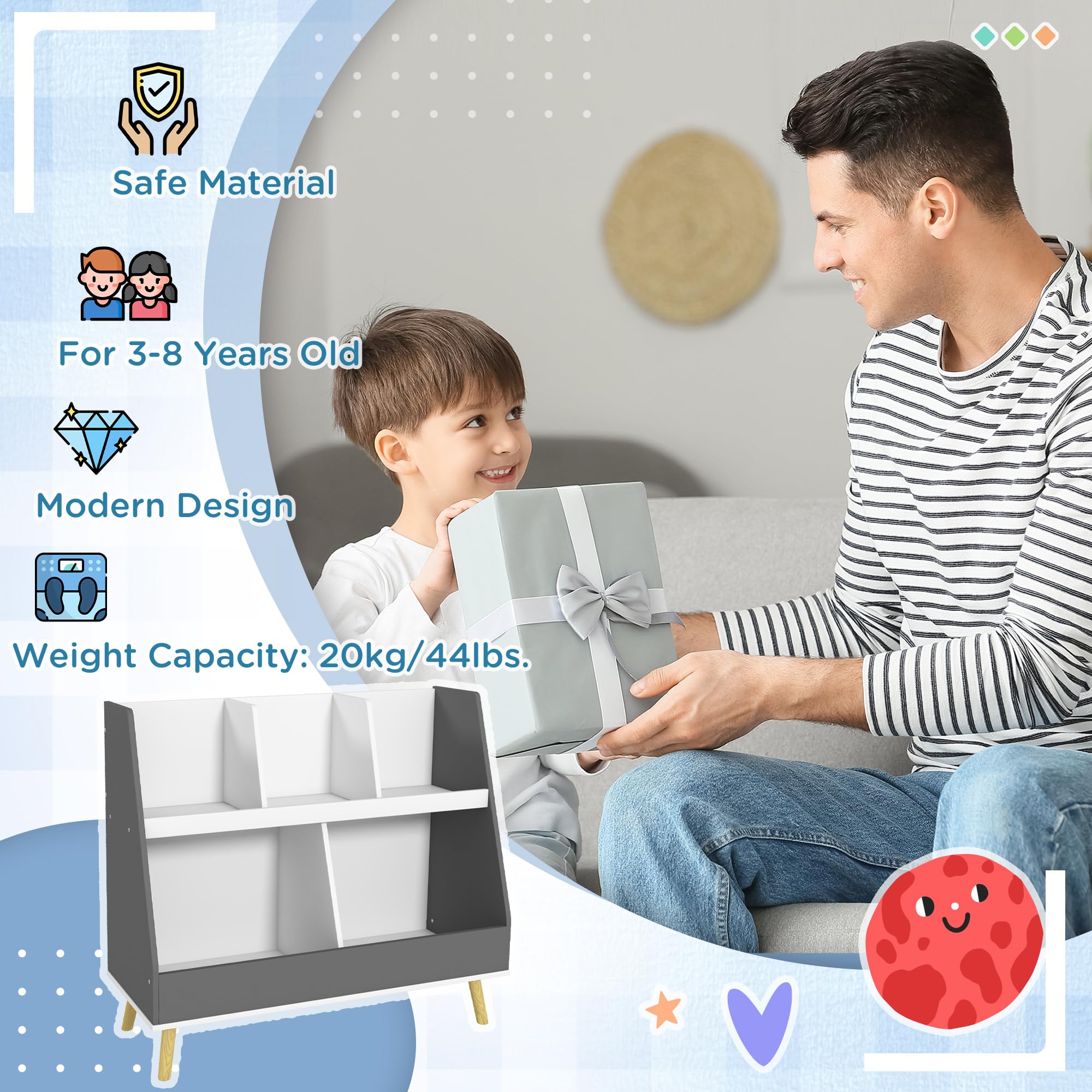 Qaba Kids Bookcase, 2 Tier Toddlers Toy Storage Organizer, Children Book Shelf with 5 Compartments, Anti-tip Device, Pine Wood Legs for Nursery, Playroom, Classroom, Gray