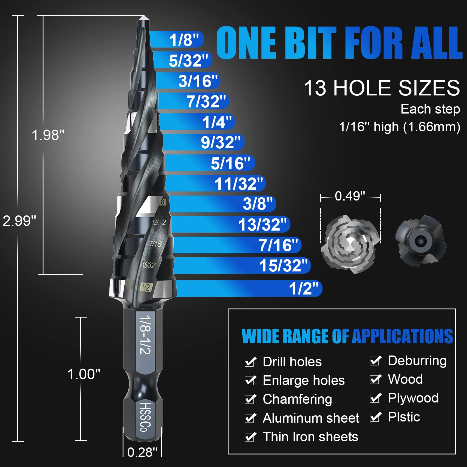 M35 Four Spiral Flute Step Drill Bit Set 1/8"-1/2" (13 Sizes ),1/4" Hex Shank Drill, Impact Resistant M35HSS Unit Stepper bit, for Stainless Steel, Wood, Aluminum, Plastic