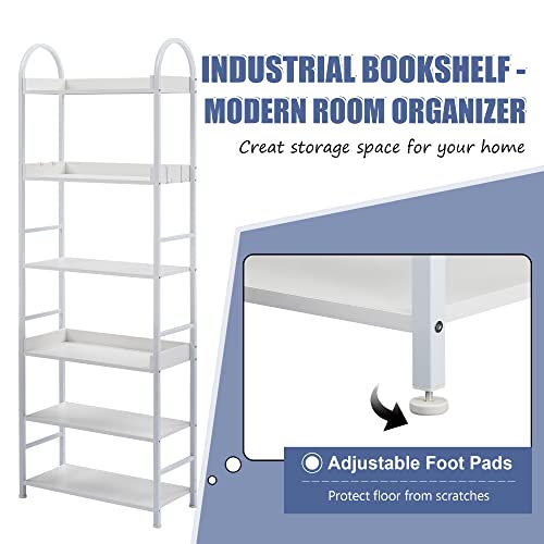 YOUMU 70.8 Inch Tall Bookshelf, 6-Tier Shelves with Round Top Frame, MDF Boards, Adjustable Foot Pads (6-Tier,Silver)
