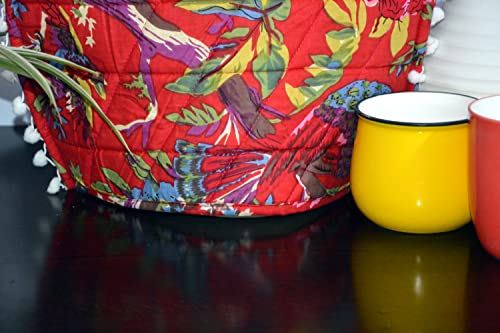 Tea Cozy Cotton Vintage Floral Tea Cosy for Teapots Keep Warm Teapot Cover Insulated Kettle Cover Tea Cozies with pom pom (Red Bird with white pom pom)