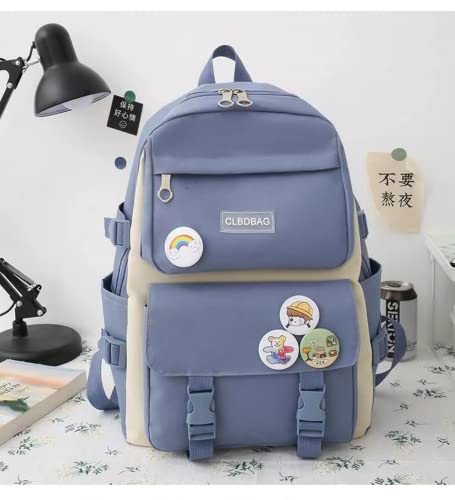 Teslawi kawaii backpack 4Pcs Set Aesthetic backpack 17in backpack，with Kawaii Pendants，Crossbody Bag ，Pencil Case, Handbag (Blue)