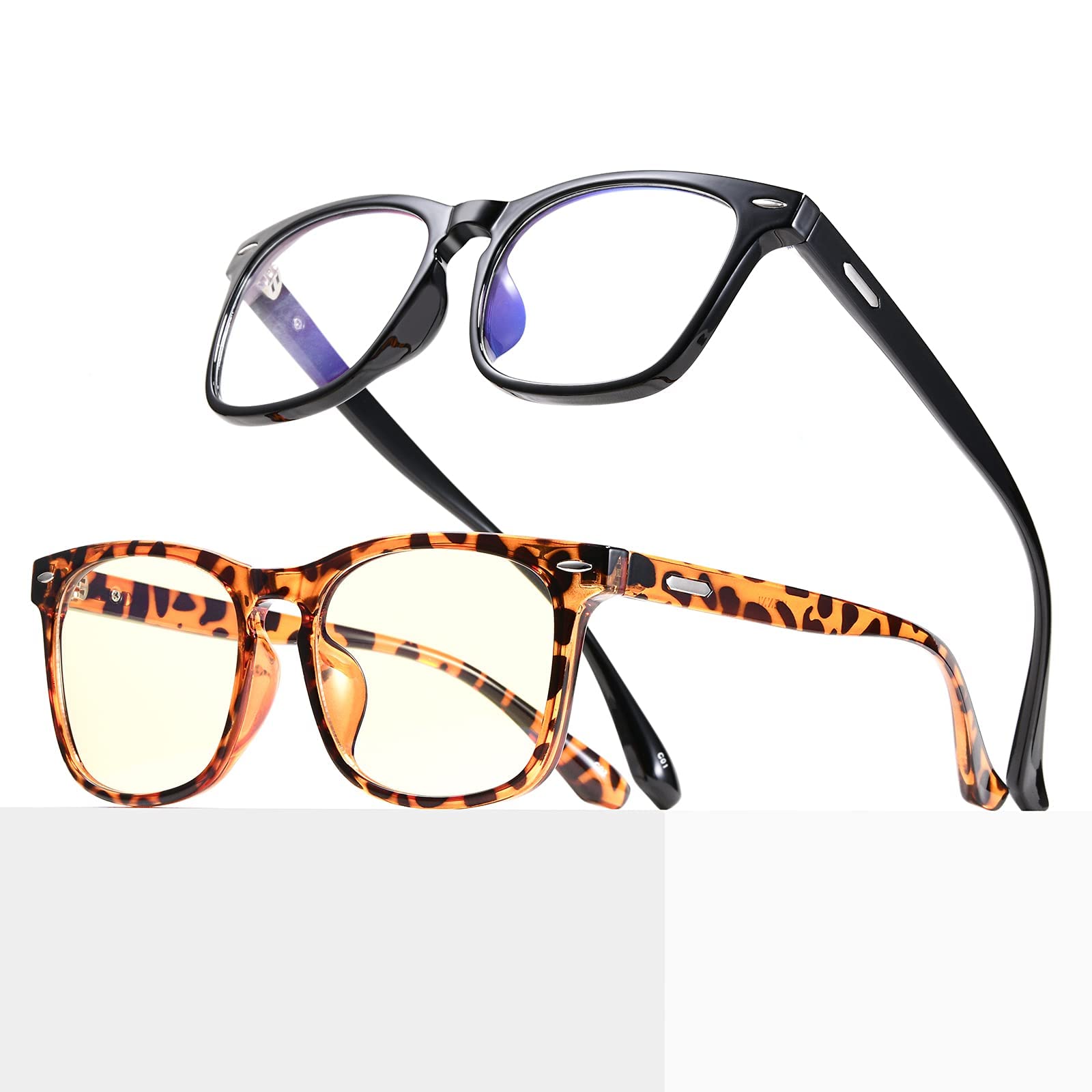 Henni Optix 2-Pack Blue Light Blocking Glasses, Computer Game Driving Glasses, Stylish Square Anti Eyestrain Glasses for Women/Men ( Black & Leopard)