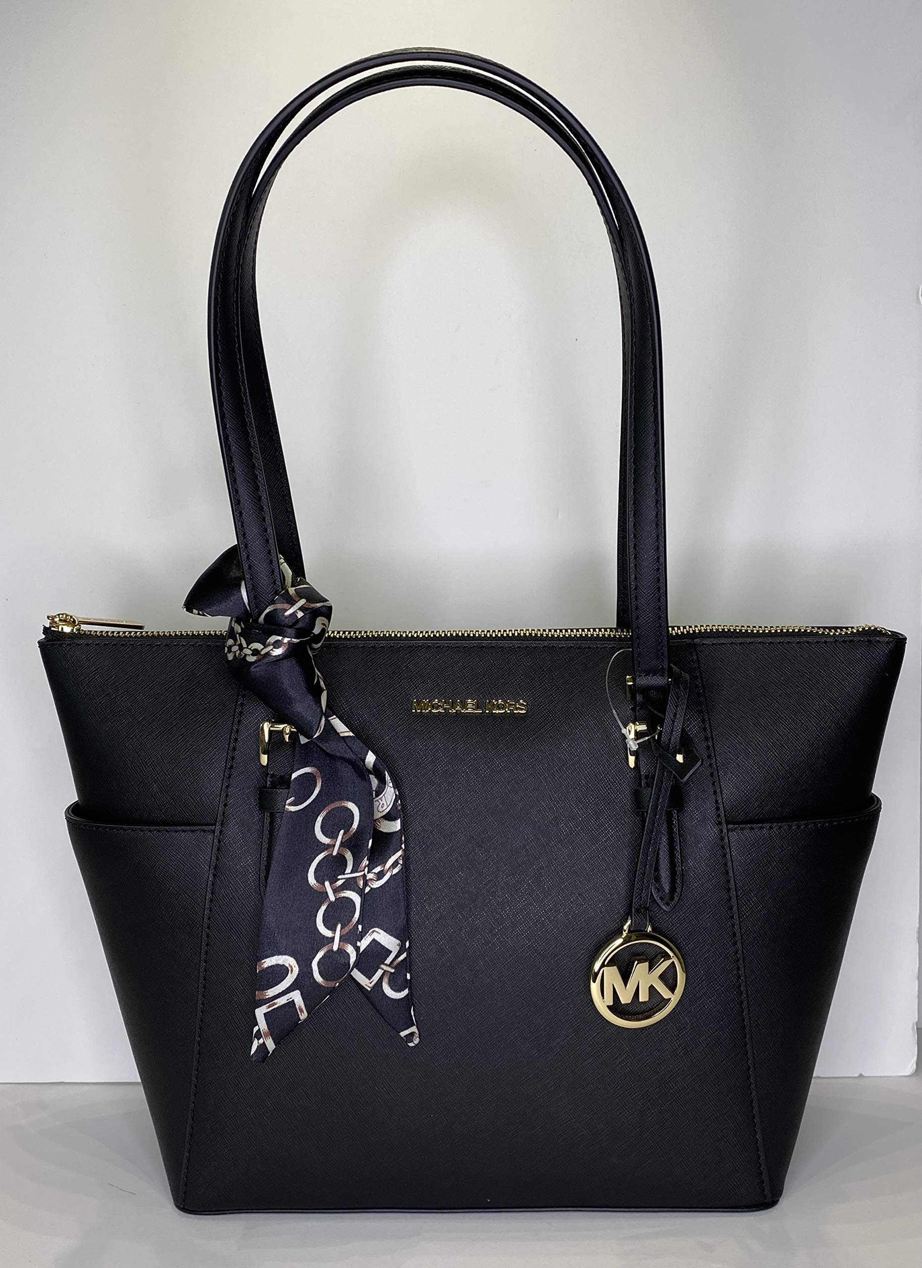 Michael Kors Charlotte Large Zip Tote bundled with matching Trifold Wallet Purse Hook (Signature MK Vanilla/Pink)