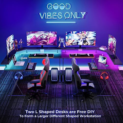 Rolanstar L Shaped Computer Desk with LED Lights and Power Outlets, 54" Gaming Desk with Keyboard Tray, Corner Desk with Monitor Stand, Home Office Desk with Hook, Black