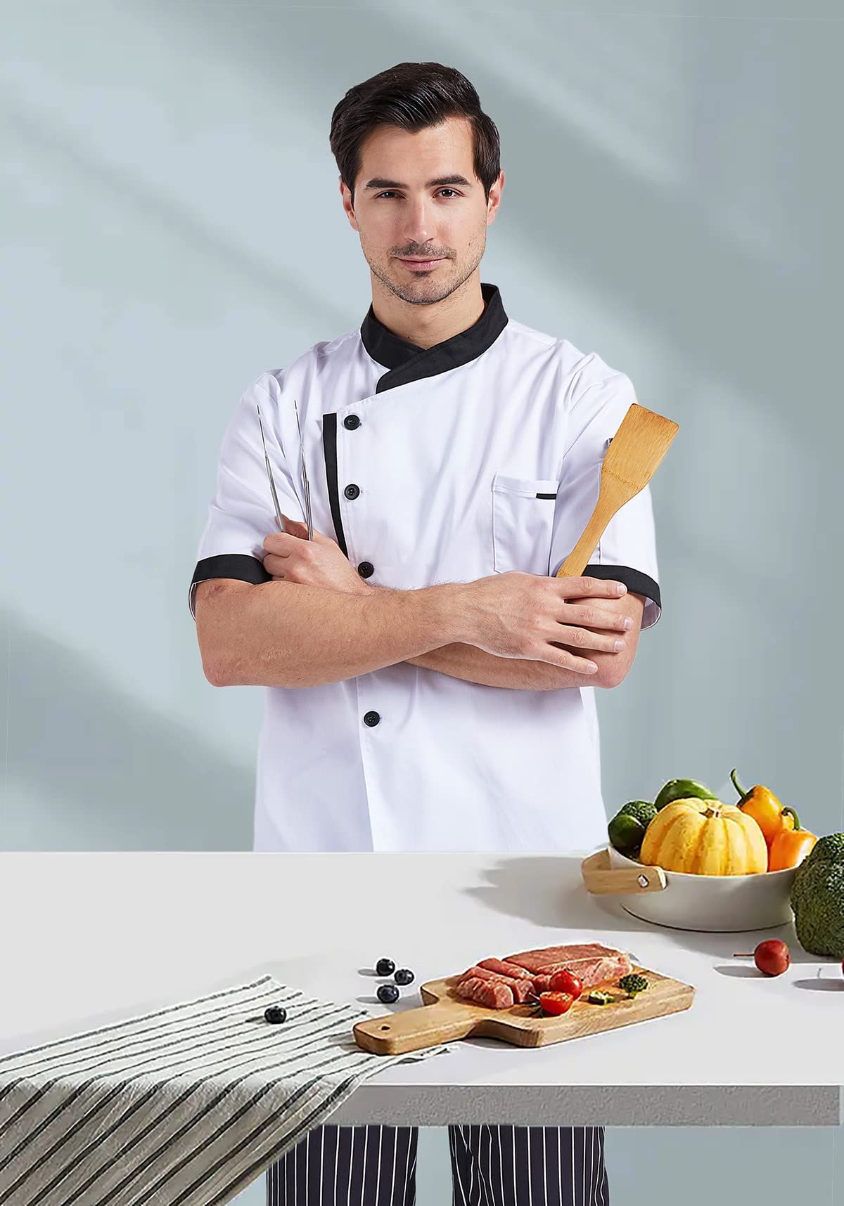 Nanxson Unisex Chef Jacket Men's Chef Coat Restaurant Kitchen Chef Uniform CFM0016 (White Shortsleeve, M)