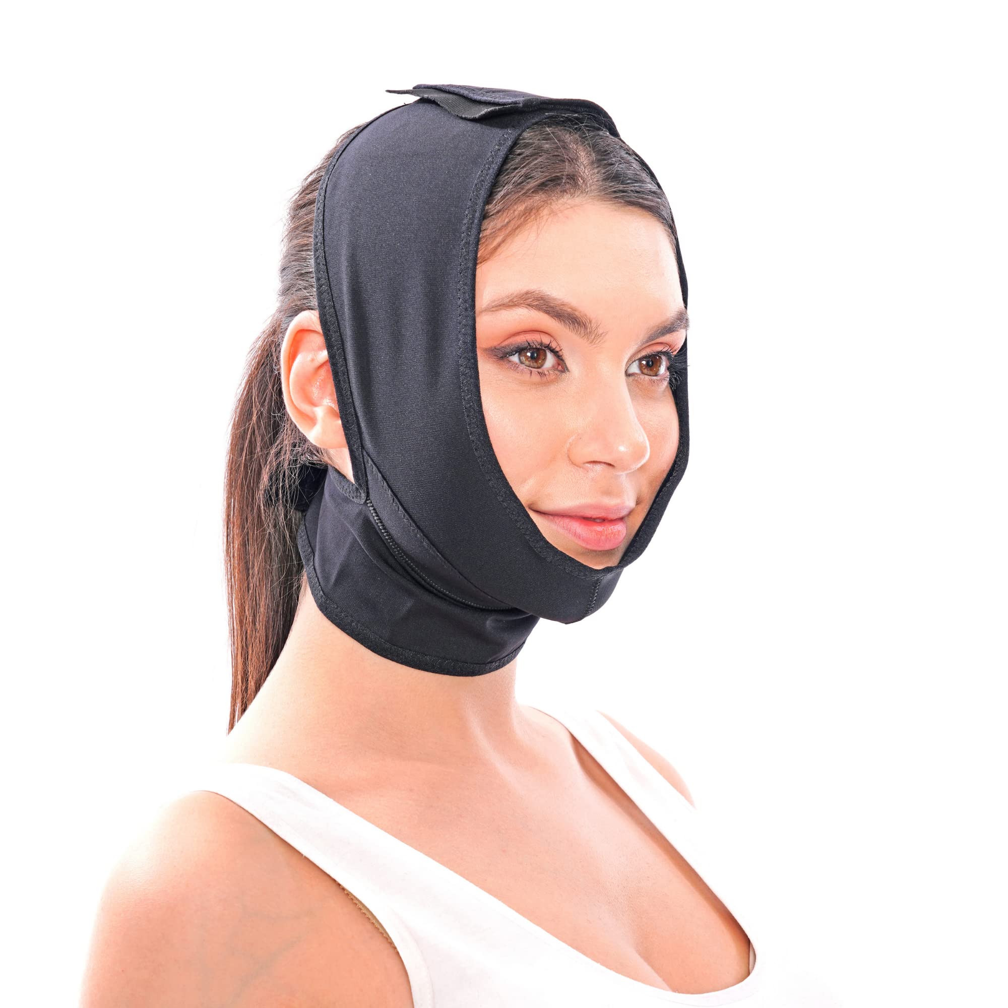 Post Surgery Facial Compression Neck Coverage Chin Strap, V-Shaped Face Slimmer, Jowl Tightening Chin Lifting Double Chin Reducer Band (M/L, Black)