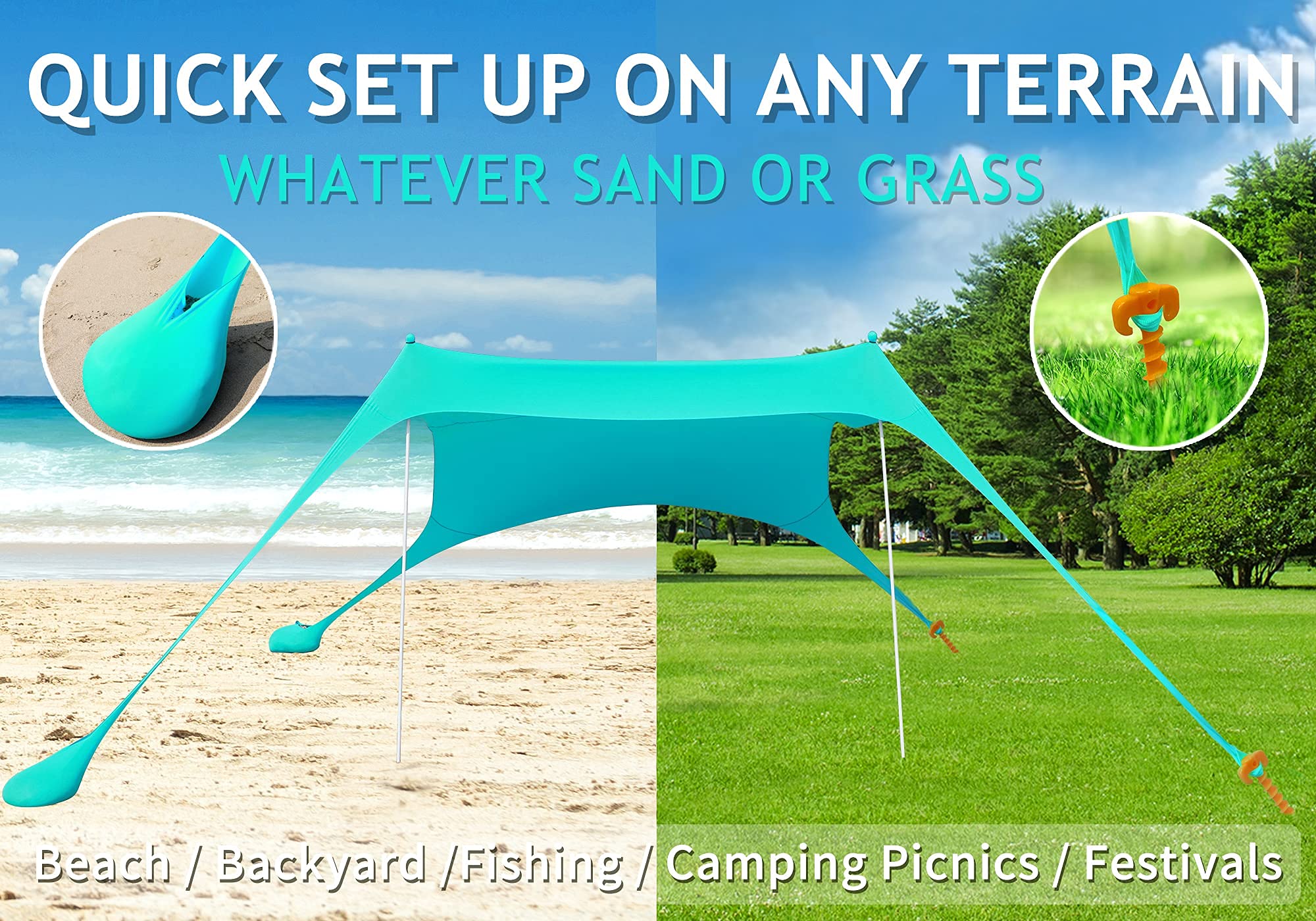 HARBLAND Beach Tent, Portable Beach Canopy UPF50+ with Carry Bag for Outdoors, Backyards, Adults and Babies(7X7 FT, 2 Poles, 2-4 People)