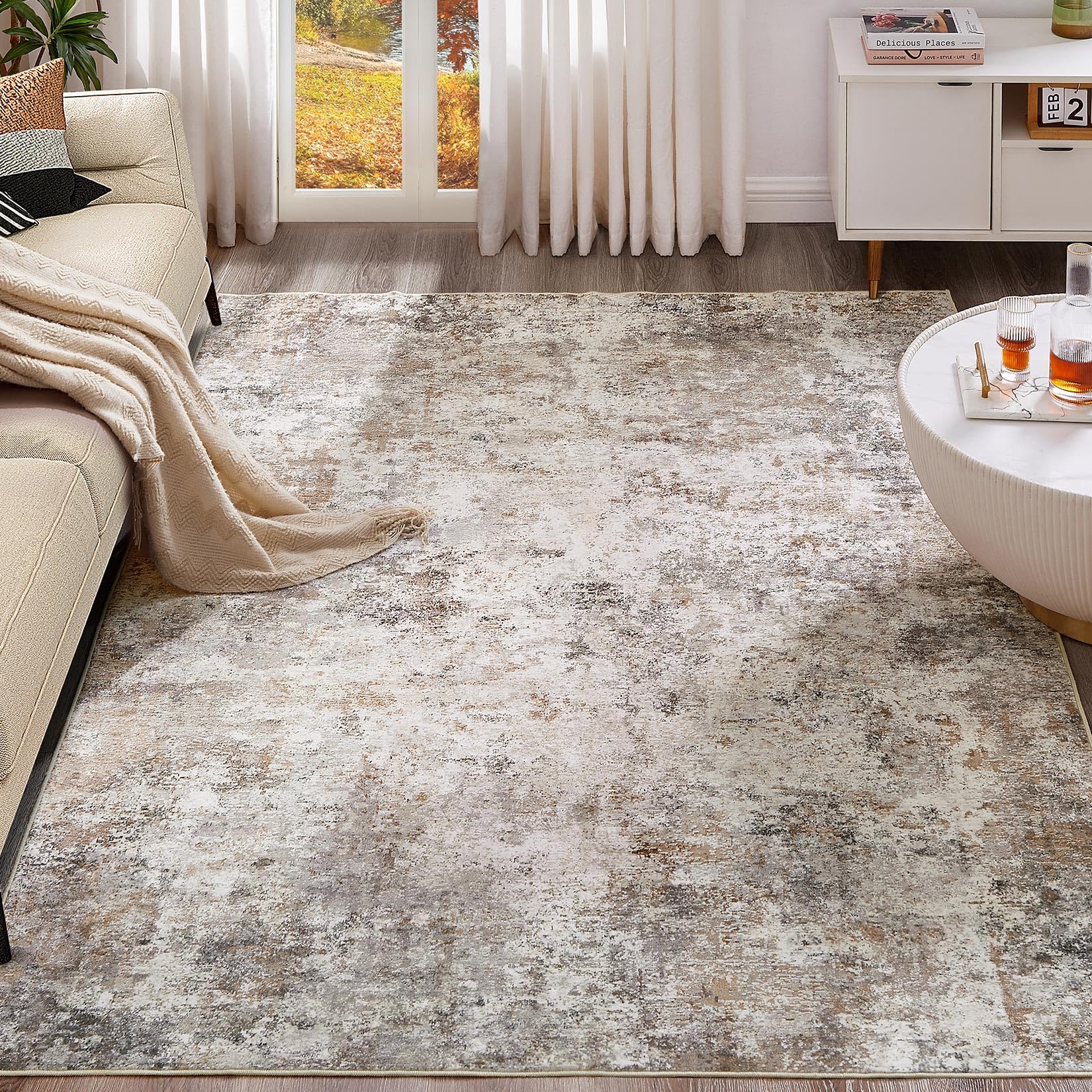 UERMEI 9x12 Area Rug Living Room Rugs - Washable Neutral Modern Abstract Soft Thin Large Rug Indoor Floor No Slip Rug Carpet for Bedroom Under Dining Table Home Office Decor - Brown Grey