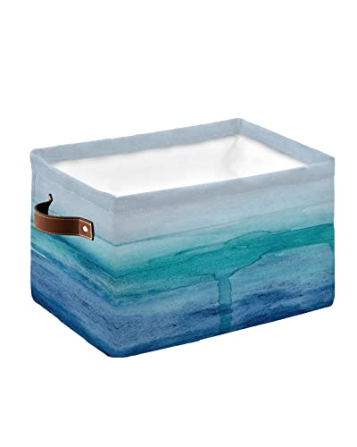 Watercolor Navy Blue Gray Ombre Storage Baskets for Organizing, Blue Teal Multicolor Gradient Fabric Storage Bins for Shelf, Collapsible Cube Bin with Handles for Closet（15''x11''x9.5''）