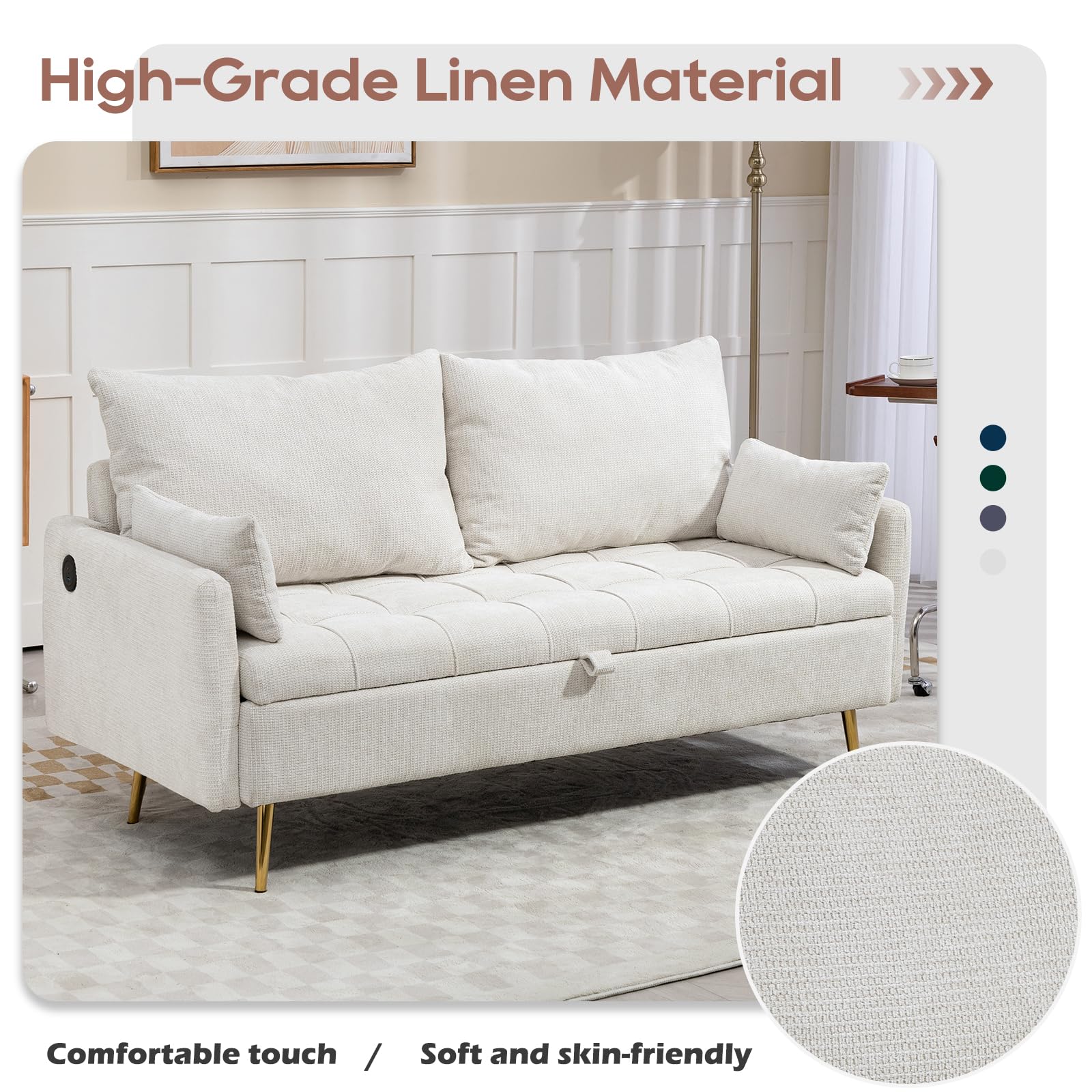 RIHEREFY 60'' Loveseat Sofa Couch with Storage, Modern Loveseat Couch with 4 Pillows & Metal Legs, 2 Seater Sofa with USB & Type C for Living Room,Bedroom, Apartment(Beige