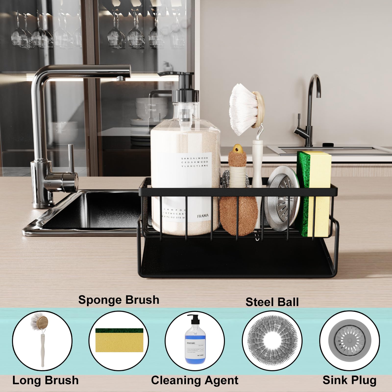 TWRYAMG Sponge Holder for Kitchen Sink-Kitchen Sponge Holder for Organizing Sponge, Brush & Soap Dish Dispenser, Kitchen Sink Organizer Rack with Divider Black