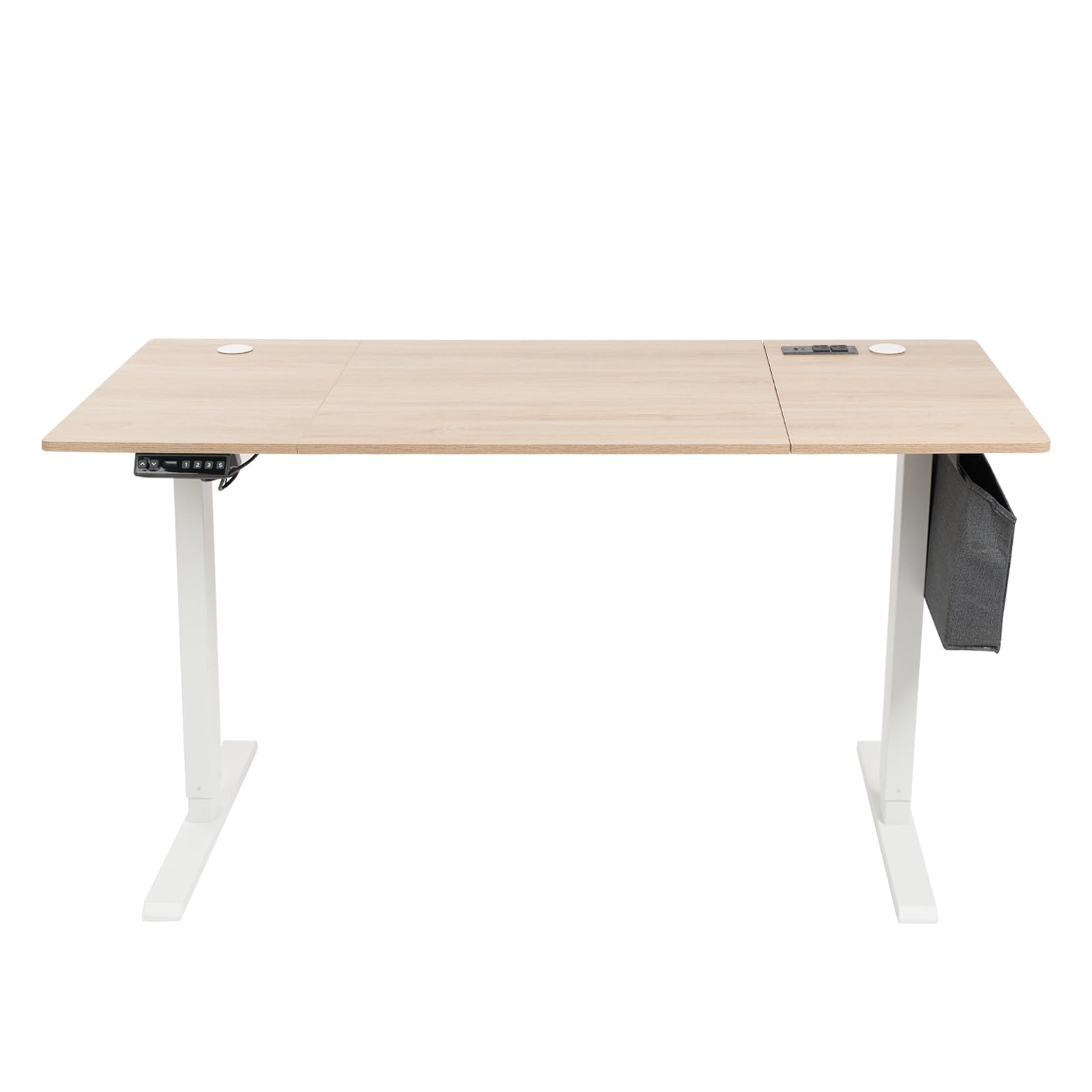 PORIYA 55x24 Inch Electric Height Adjustable Standing Desk with Cable Management, Splice Board, Mouse Pad, 2-Outlet Power Strip with USB 20W Charger, and Casters(White Frame&Log Top)