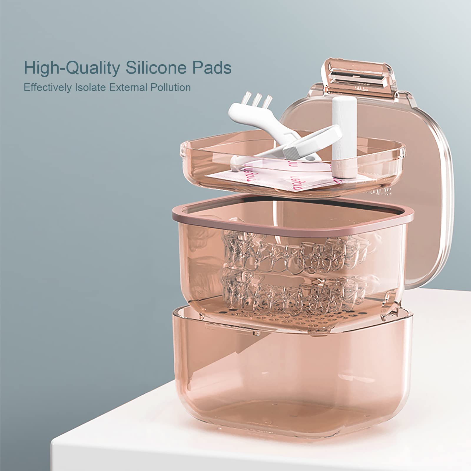 Retainer Case, Retainer Cleaner Case 2 Pack, Portable Denture Cases and Unique Denture Bath with Drain Tray, Denture Bridges, Partial Dentures, Traditional Braces, Etc. (Orange)