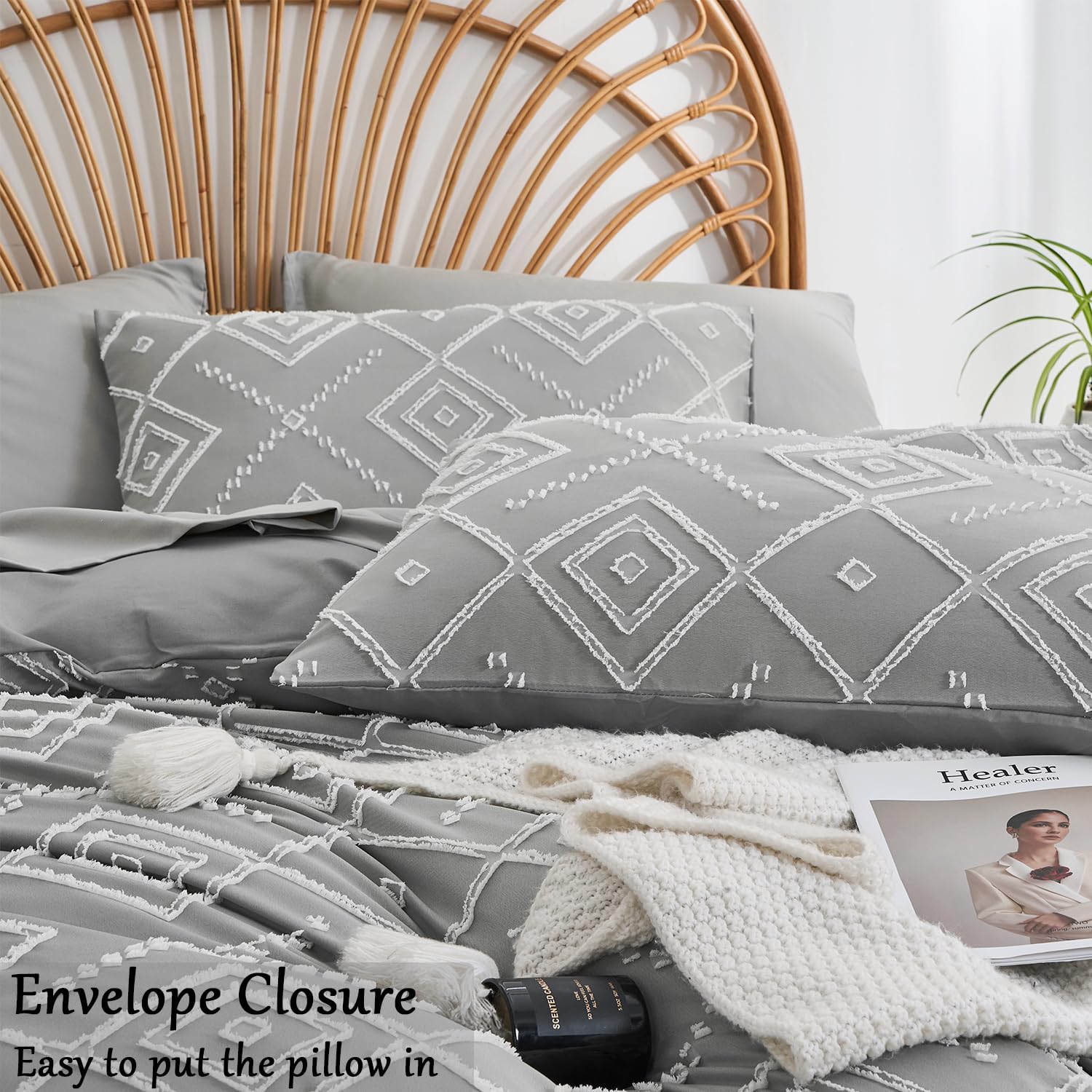 Senville Tufted Duvet Cover King Size,Jacquard Geometric Pattern,Soft Lightweight Grey Duvet Covers Set for All Seasons,3 Pieces Boho Shabby Chic Bedding Set with Zipper Closure(Light Grey,King)
