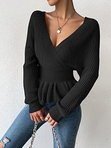 SweatyRocks Women's Deep V Neck Rib Knit Wrap Top Long Sleeve Ruffle Hem Peplum Sweater Black M