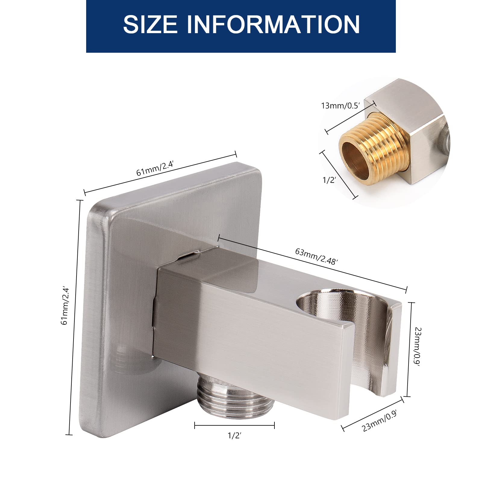 NearMoon Wall Supply Elbow with Handheld Shower Holder - Solid Brass Square Shower Bracket with Flange G1/2 Shower Hose Connector, Wall Mounted Drop Union Male Water Outlet (Brushed Nickel)