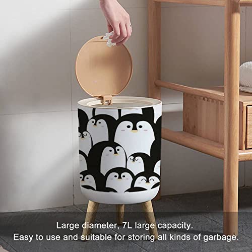 Trash Can with Lid Cute Animal with Penguin Black and White Color for Carpet Fabric and Press Cover Small Garbage Bin Round with Wooden Legs Waste Basket for Bathroom Kitchen Bedroom 7L/1.8 Gallon
