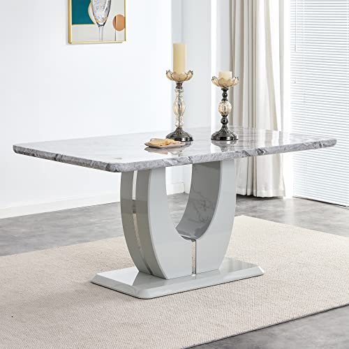 Pvillez Contemporary Dining Table for 6-8, High Gloss Kitchen Dining Room Table with Faux Marble Top and U Shape Wood Pedestal Base, 63" Rectangular Dining Table for Dining Room Kitchen Living Room