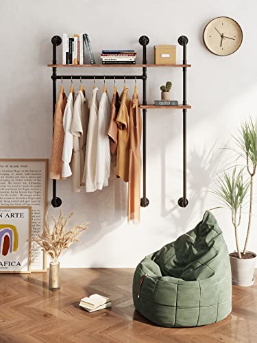 TEDIDUWA 45In Industrial Pipe Clothing Rack,Wall Mounted Clothes Rack with Top Shelves, Pipe Clothing Rack with Shelf, Wall Hangers for Clothes, for Bedroom, Laundry, Living Room, Retail Store