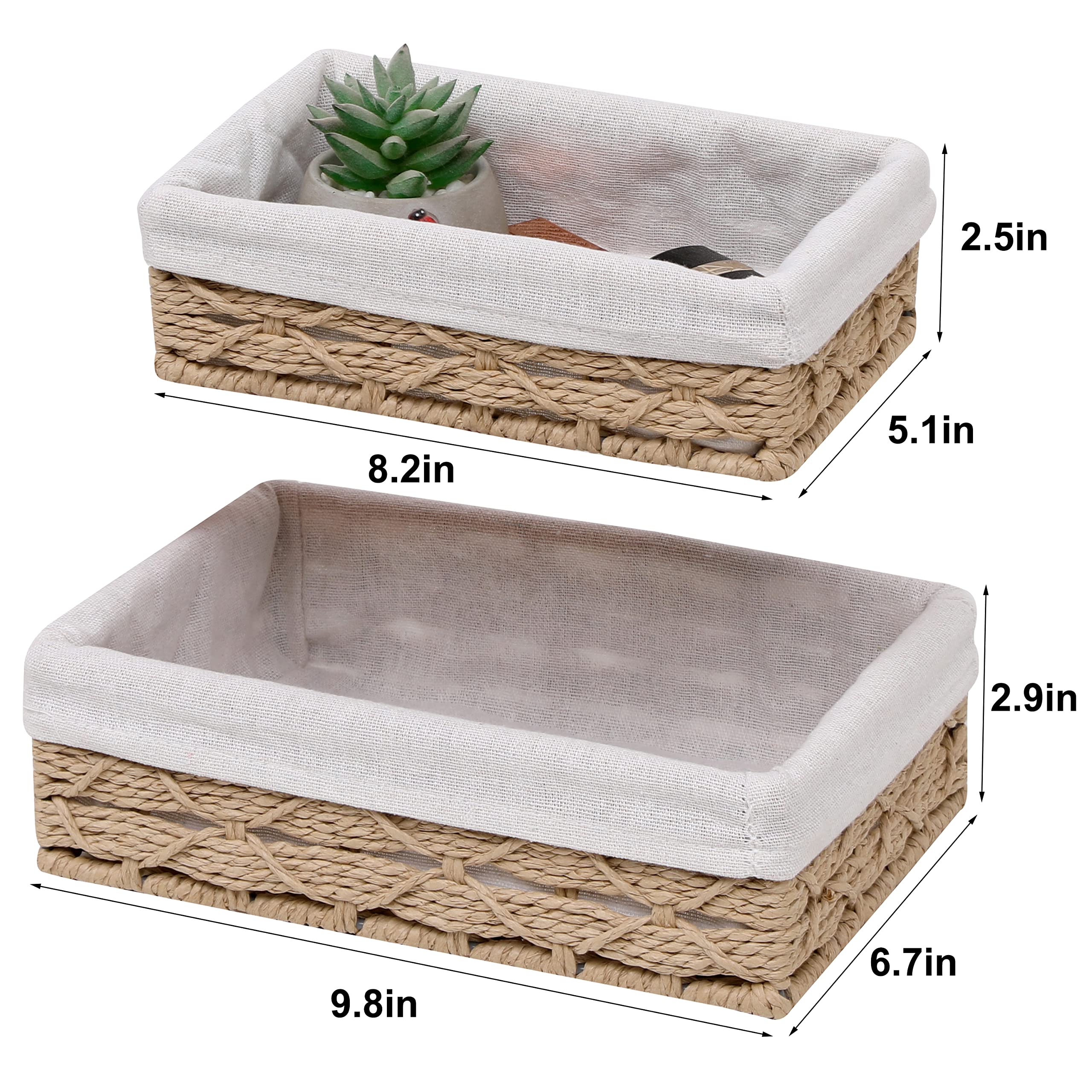 Sopsele Small Wicker Baskets for Organizing,Paper Rope Storage Basket,Desk Basket With Liner,Hand Towel Baskets, Baskets for Drawer Organizing, Toilet Tank Basket, Set of 2 Beige