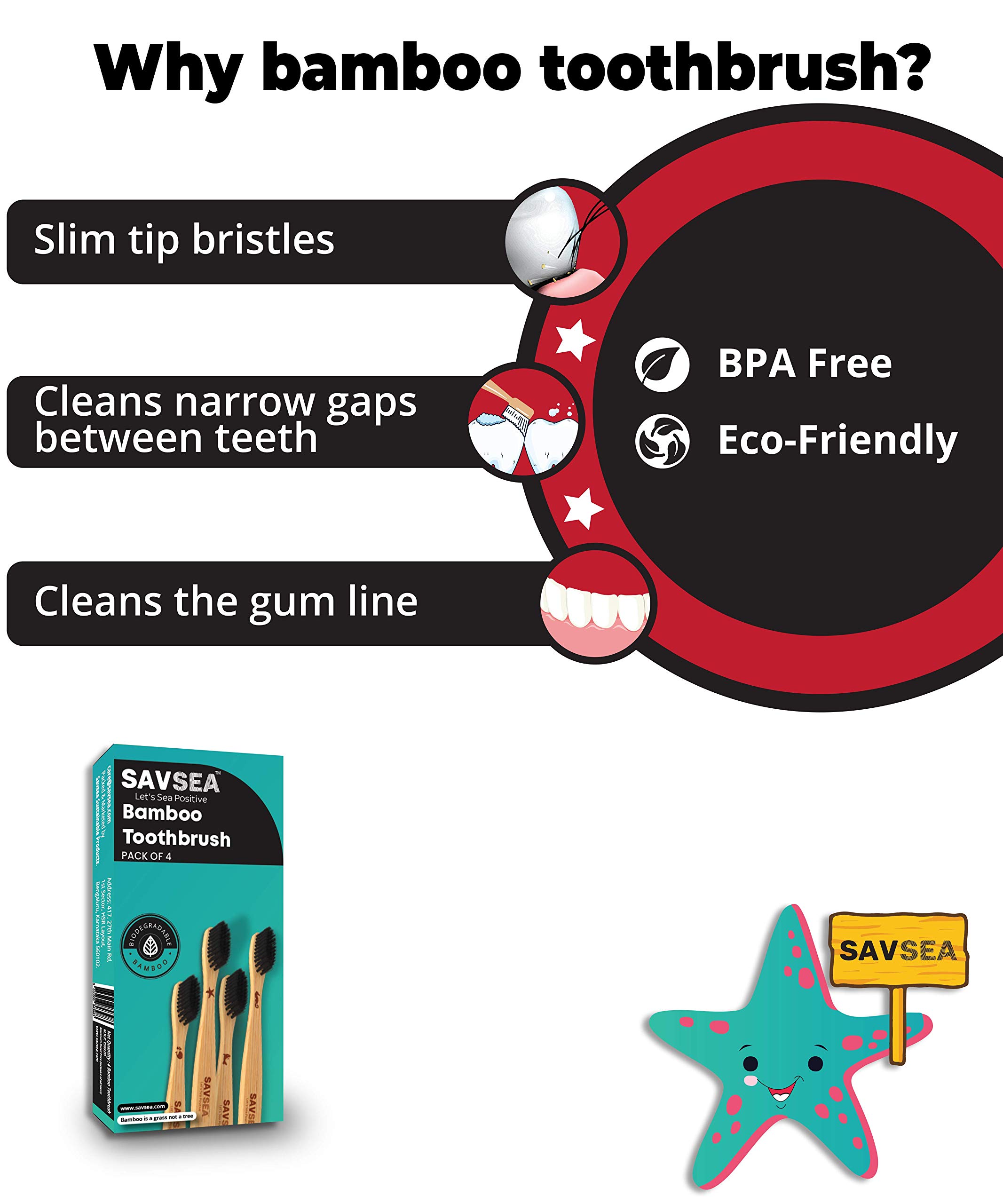 SAVSEA Bamboo Charcoal Soft bristles Toothbrush (8 Count) & Neem Wooden Comb for Men & Women Pack of 3 Combo