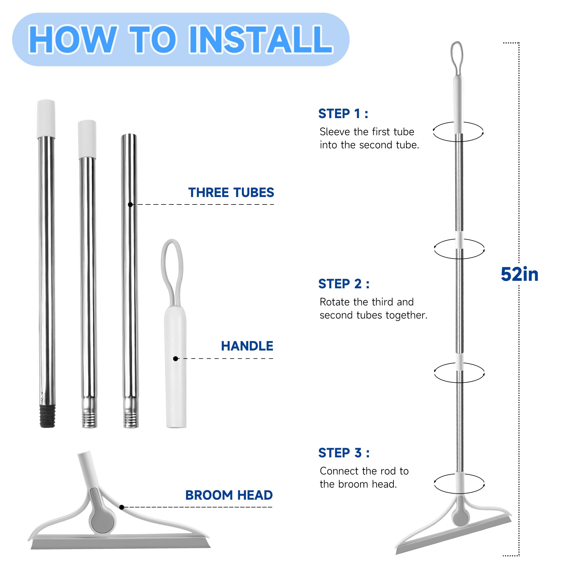 Silkyhouse Household Silicone Magic Broom, Multifunctional Squeegee Broom Sweeping Water and Pet Hair Sweeper with Extra-Long Adjustable Stainless Steel Handle for Floor, Glass, Tile(White-Gray)