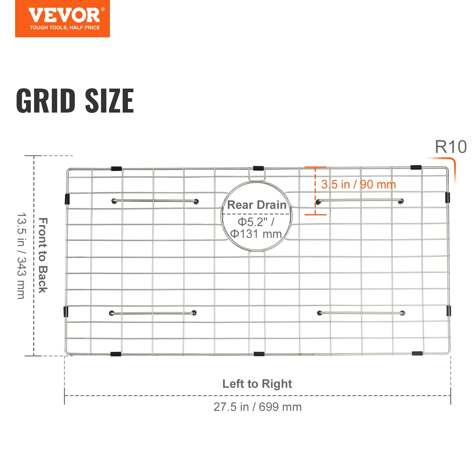 VEVOR Sink Protector Grid, 27.5"x13.5" Stainless Steel Sink, Rear Drain Sink Grates with R10 Corner Radius, Large Sink Bottom Grids, Universal Bowl Rack Sink Accessories For Kitchen Sink, Silver
