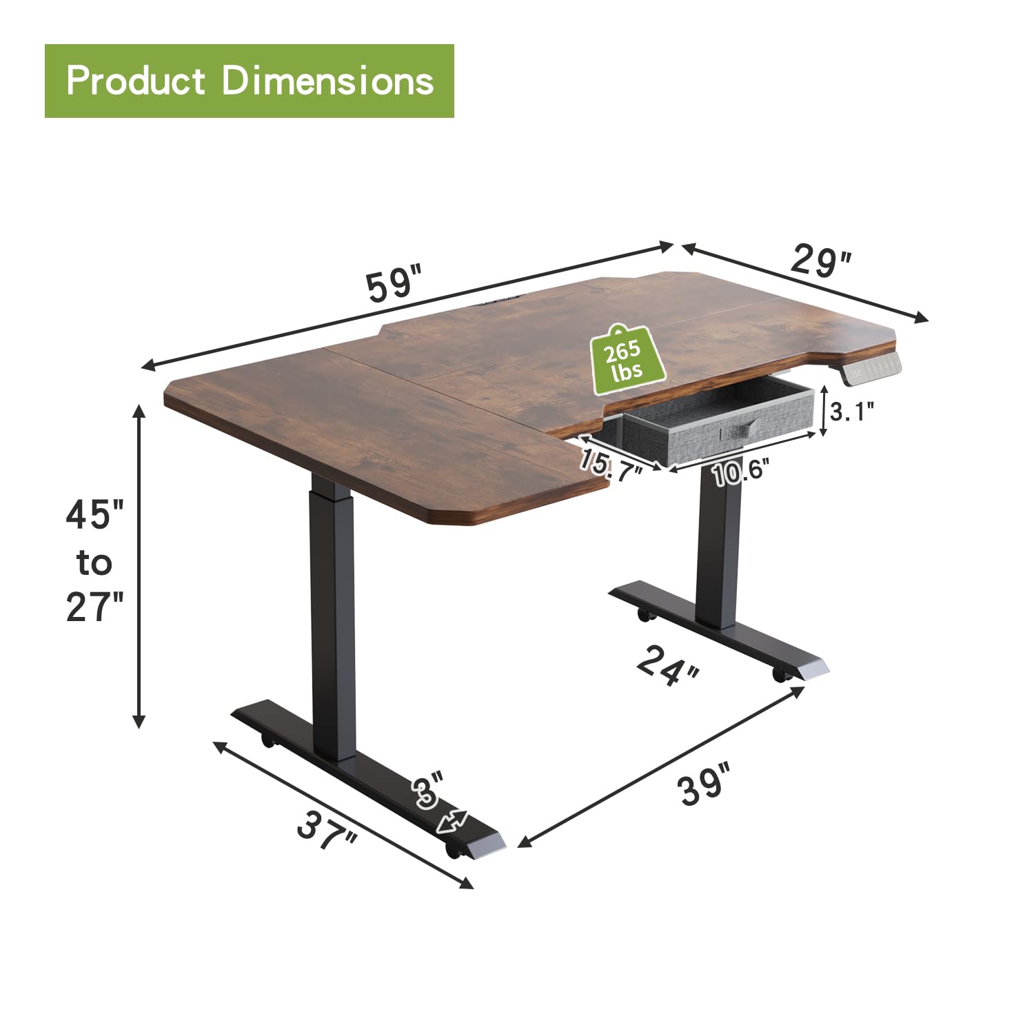 Radlove Dual Motors Height Adjustable 59'' L Shape Electric Standing Desk with Drawer Stand Up Table 4 Memory Keys, Computer Desk with Splice Board Home Office Desk, Rustic Brown Top + Black Frame