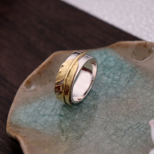 Gold Feather Ring 925 Sterling Silver Plume Ring Band for Men Women Size 7.5