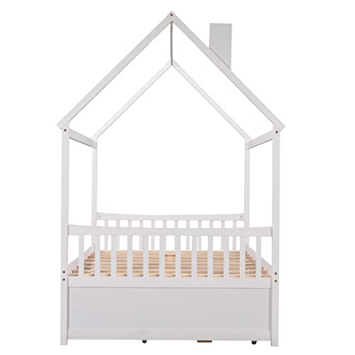YuiHome Full House Bed with Trundle and 3 Storage Drawers, Full Captain's Beds Wooden Storage Daybed Frame for Kids Teens Boys Girls,No Box Spring Needed,White
